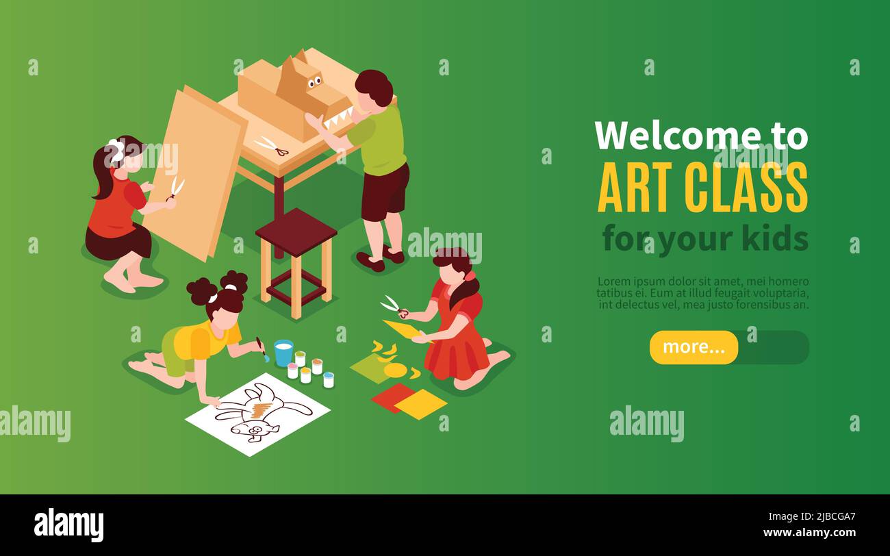 Art class banner with creative kids symbols isometric vector ...