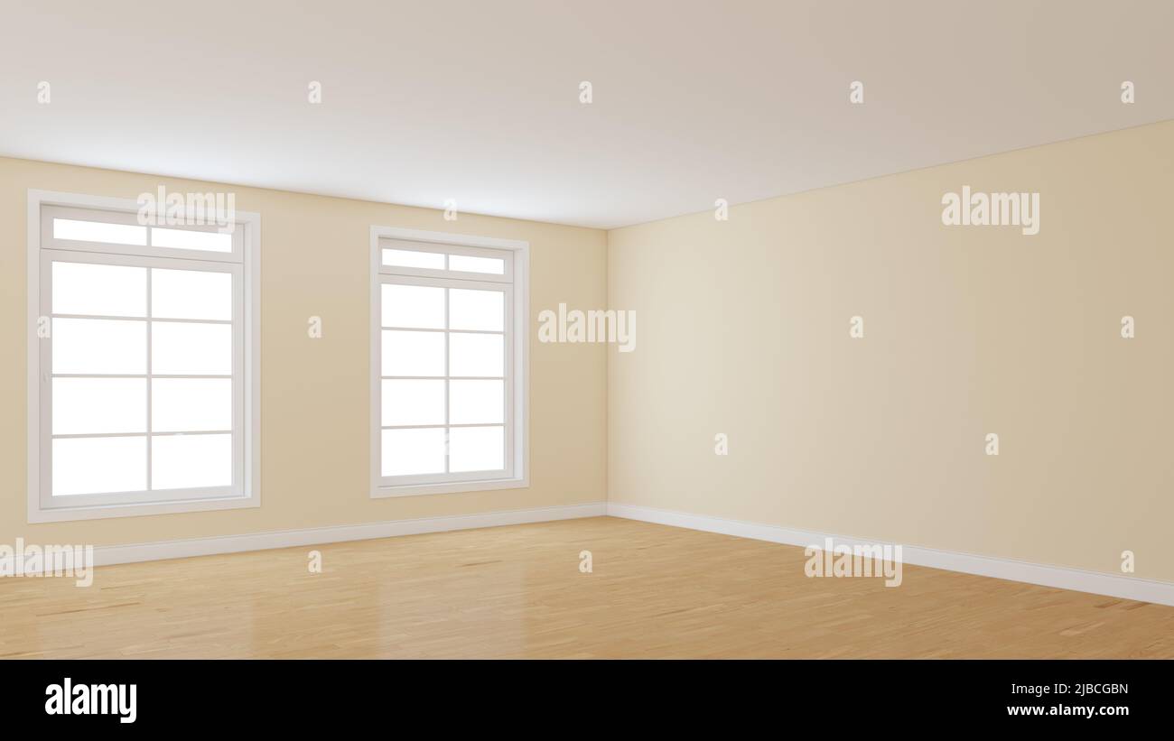 Empty Corner of the Room with Beige Walls, Two Large Windows, Light ...