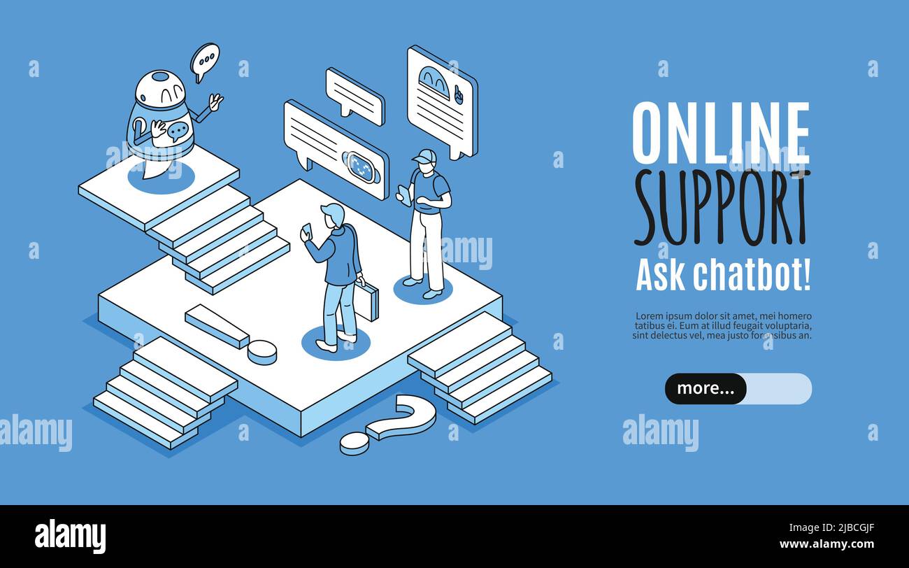 Isometric chatbot horizontal banner with people and droid characters messages editable text and ...