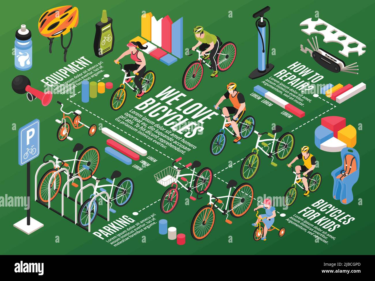 Isometric bicycle horizontal composition with editable text captions ... Isometric bicycle horizontal composition with editable text captions ...