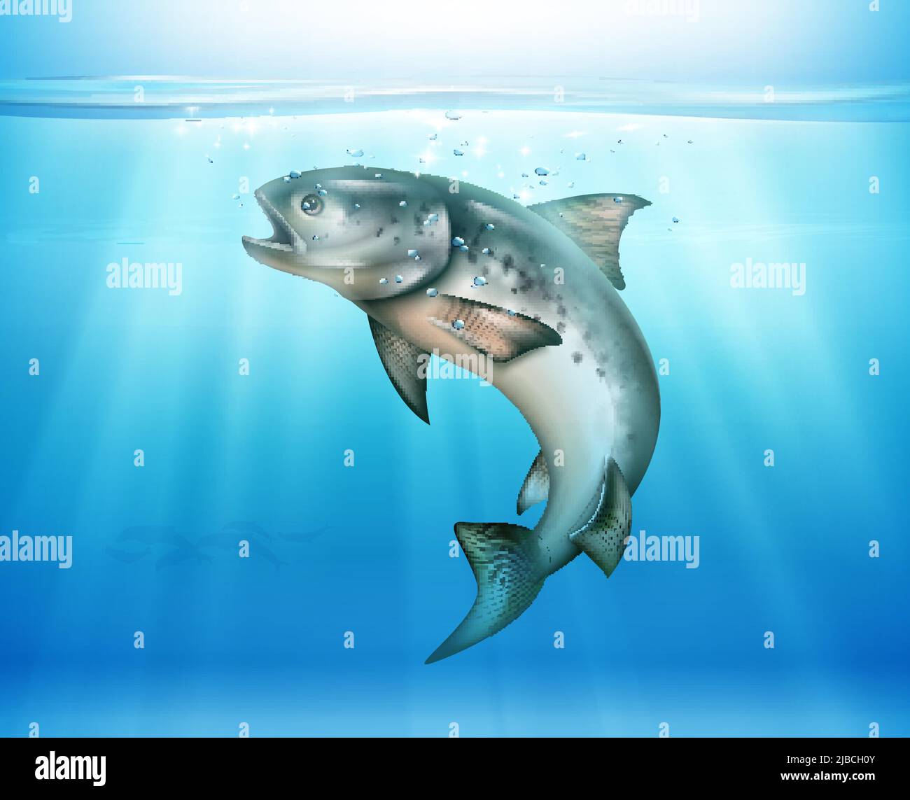 Jumping fish underwater blue background illuminated by solar rays ...