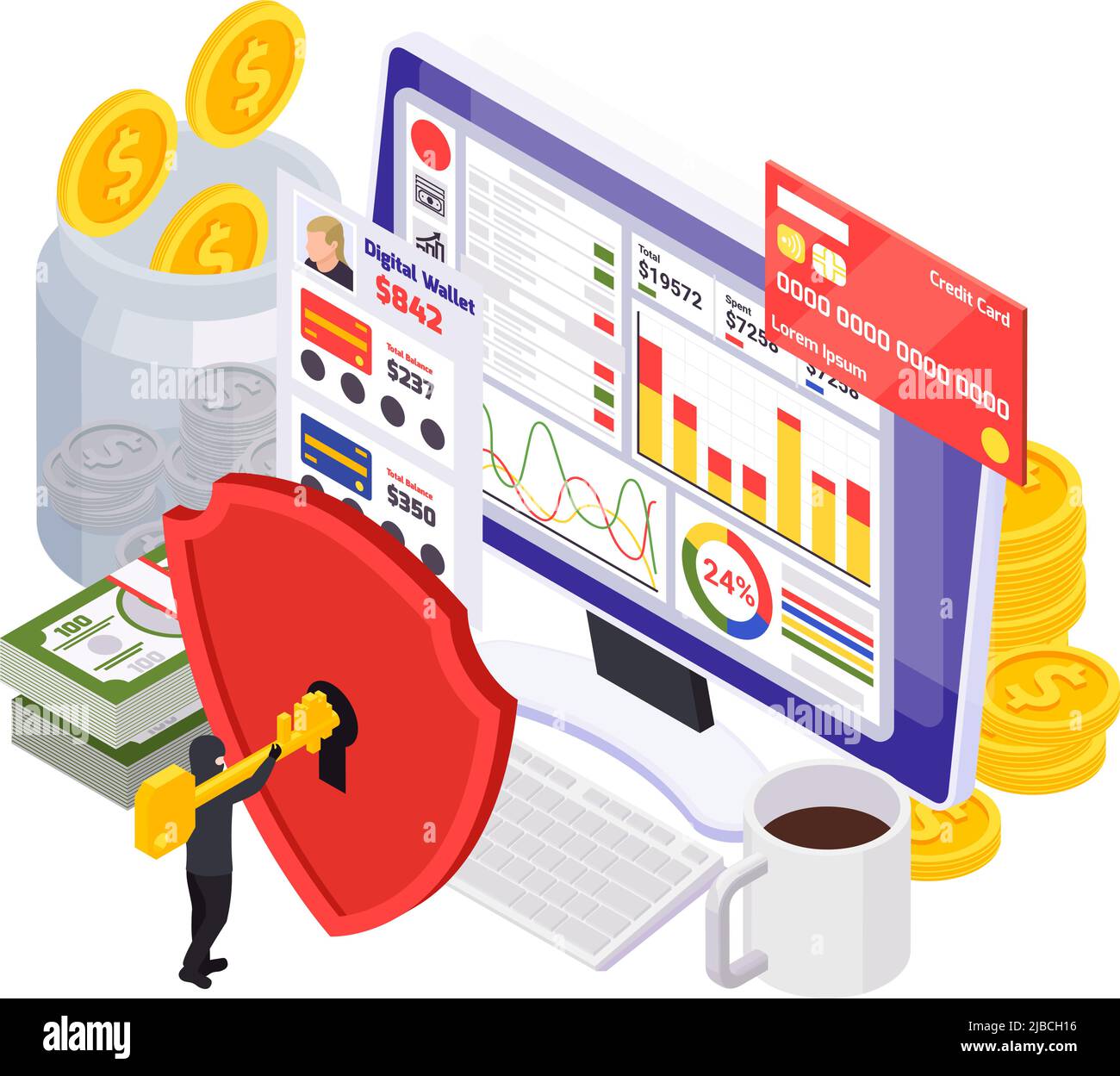 Data protection isometric design concept with digital wallet credit ...