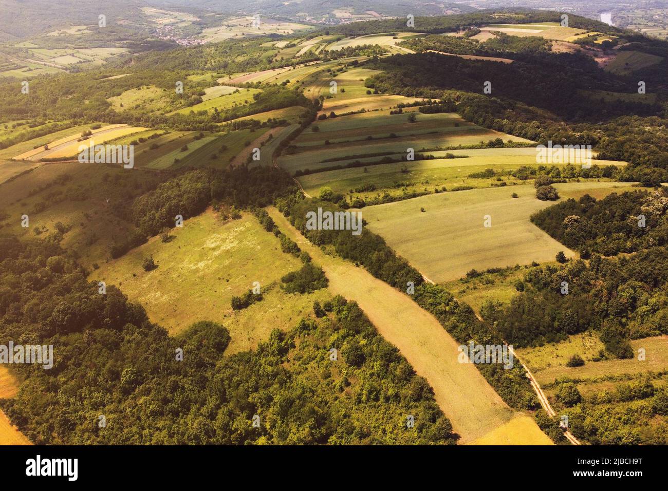 Landscape aerial shot, pastures and forests Stock Photo - Alamy