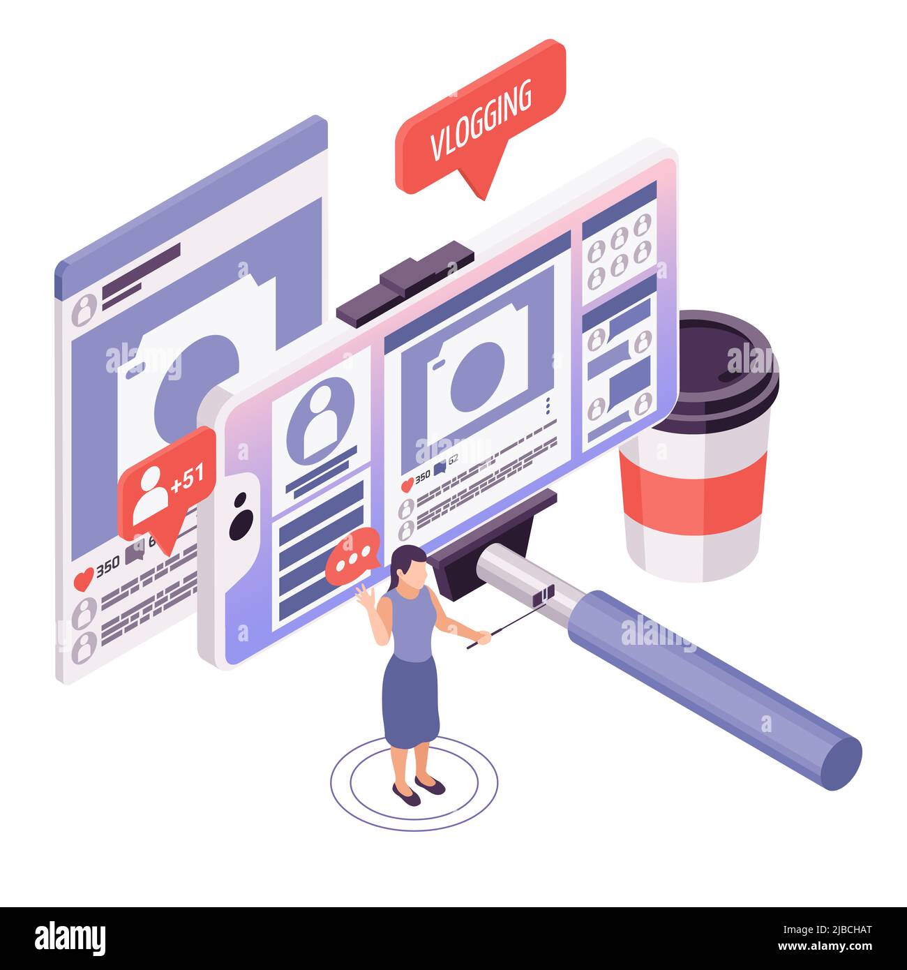 Vlogging isometric concept with female person recording vlog using ...