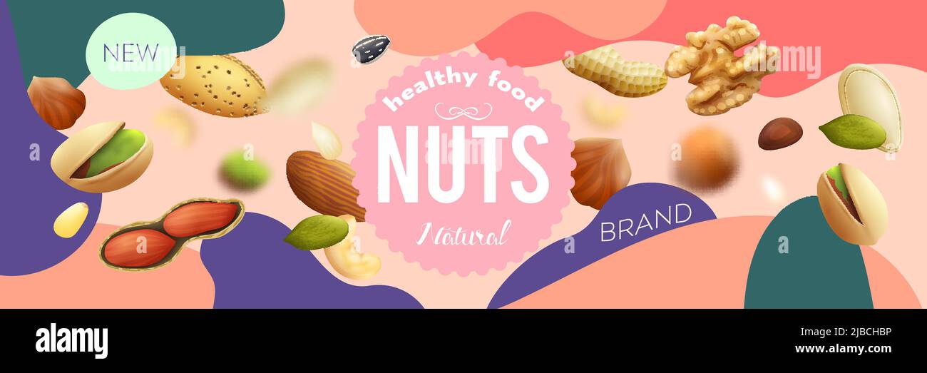 Realistic poster with various natural nuts on colorful background ...