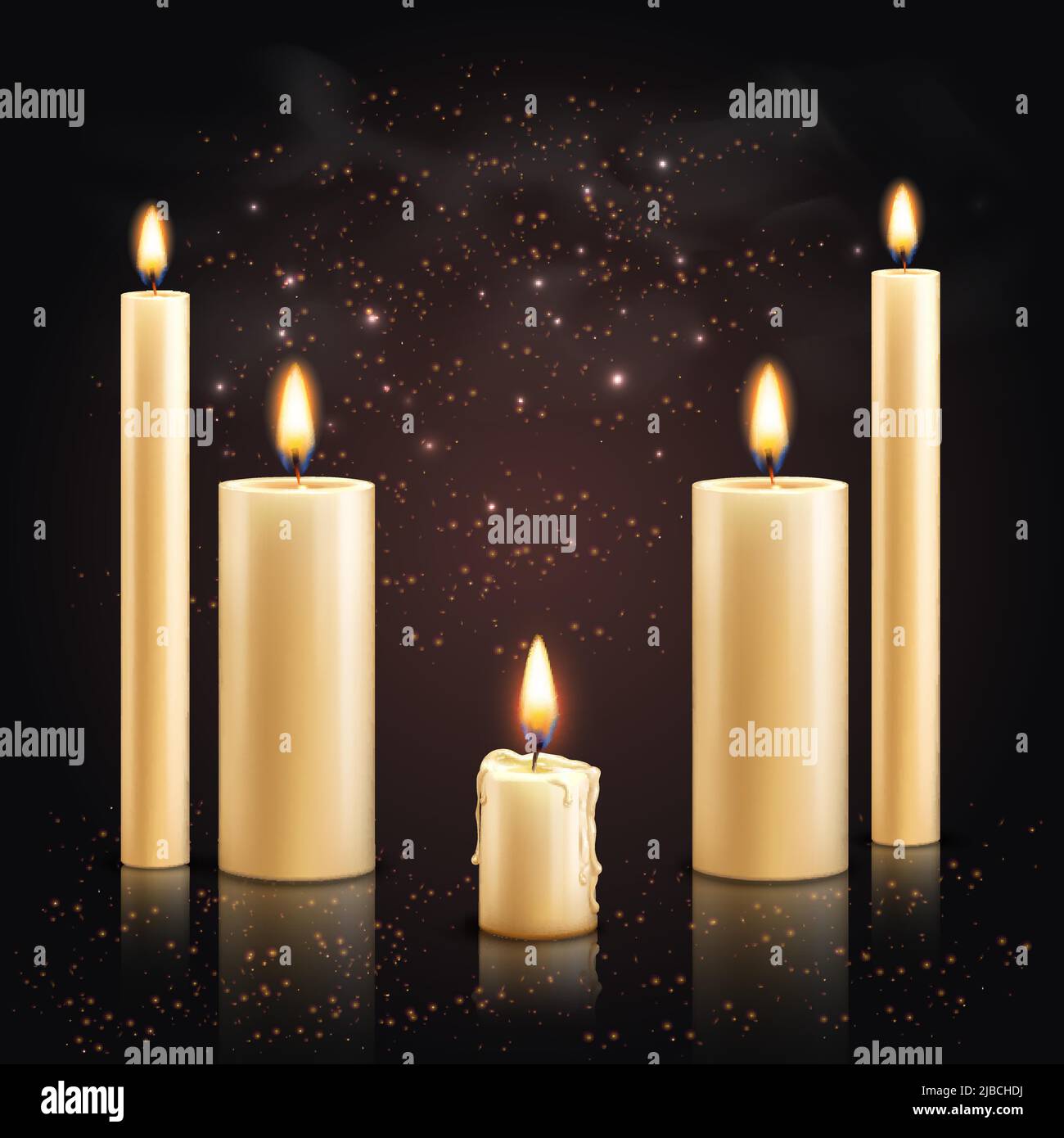 Realistic candles background with set of different candles with flame ...
