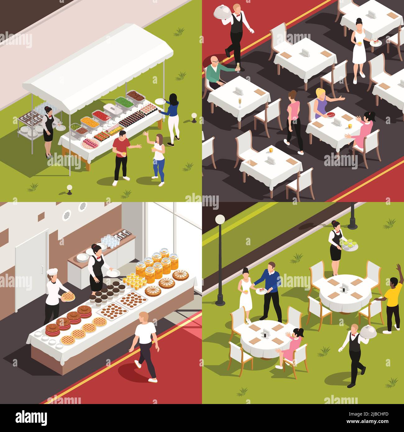 Catering service concept 4 isometric compositions with banquette buffet ...