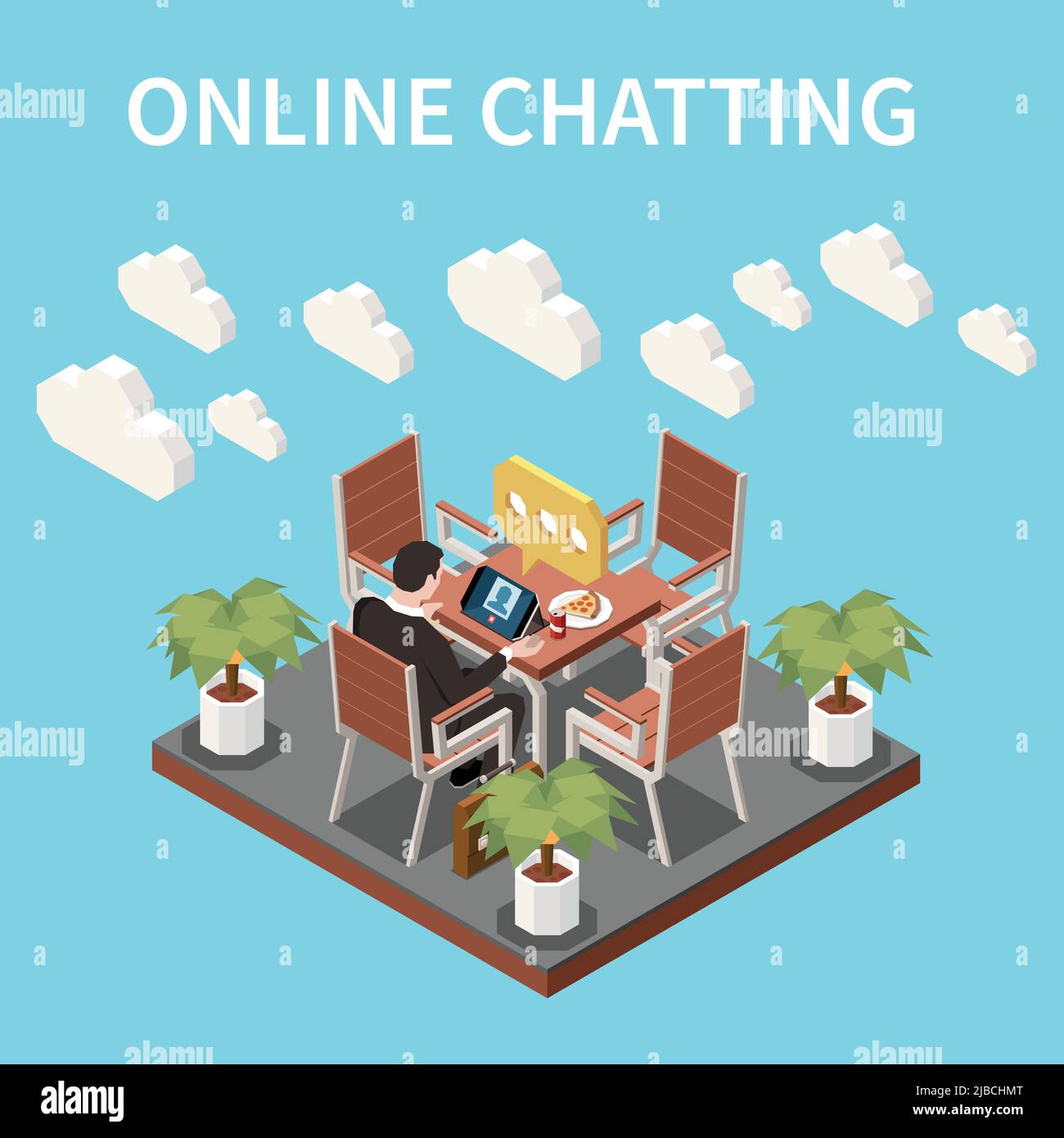 Online chatting isometric background with male character sitting in ...