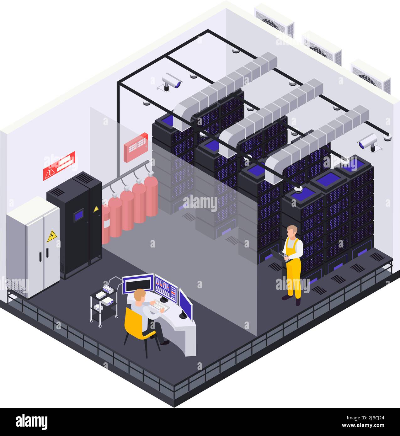 Data center isometric composition with view of server room with workers ...