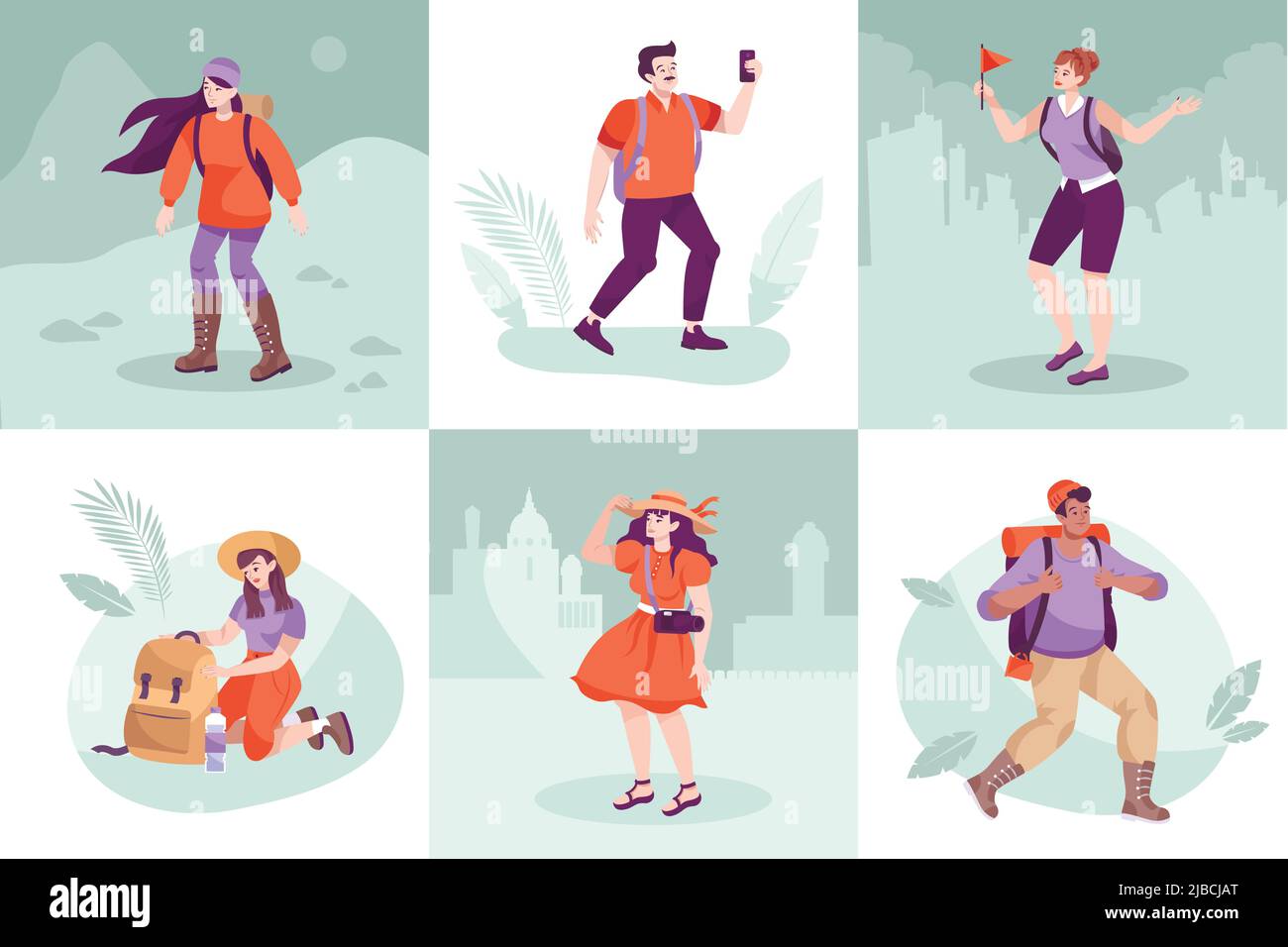 Excursion design concept with set of flat compositions with sightseeing ...