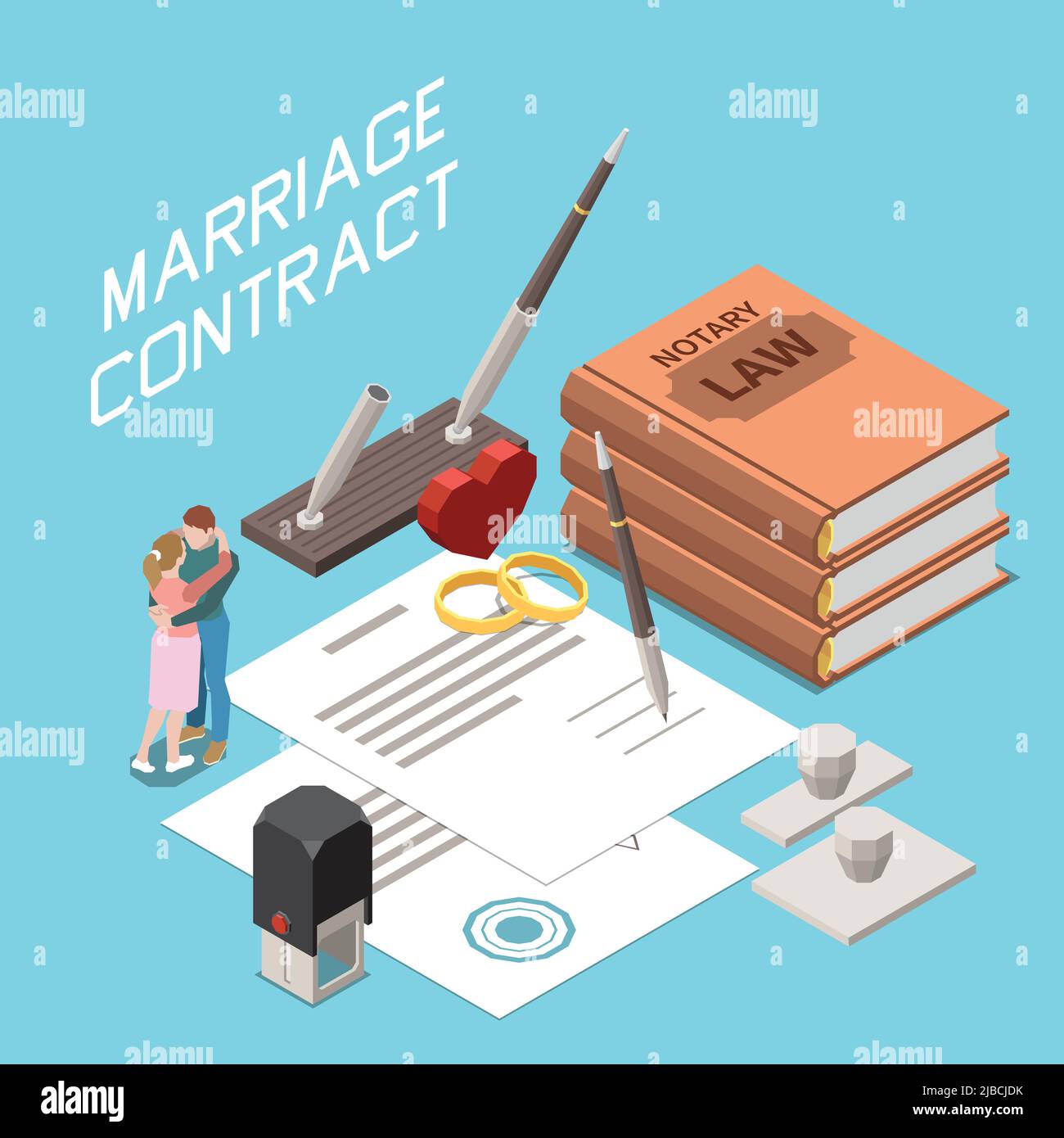 Marriage contract isometric background with hugging couple pair of ...