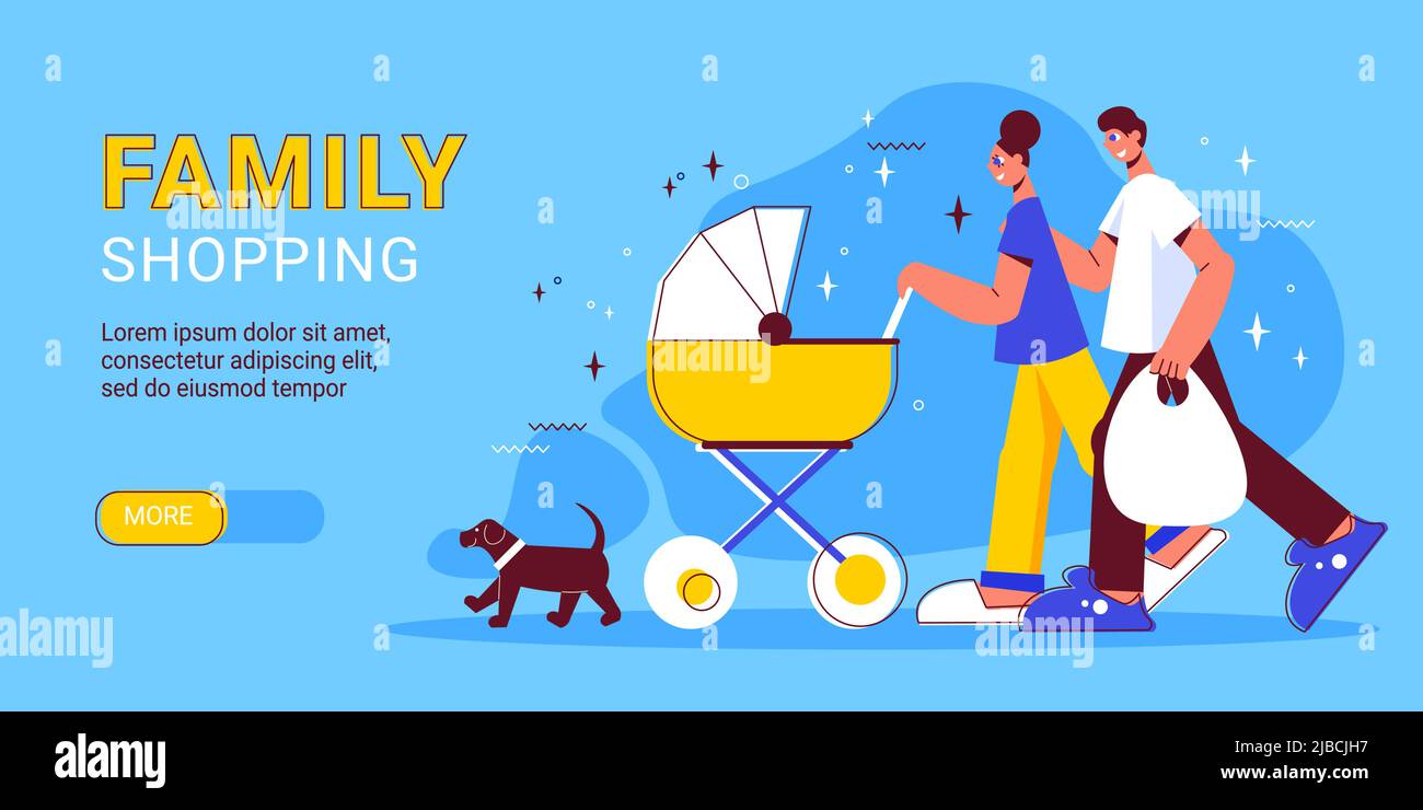 Shopping horizontal banner with characters of parents with baby ...