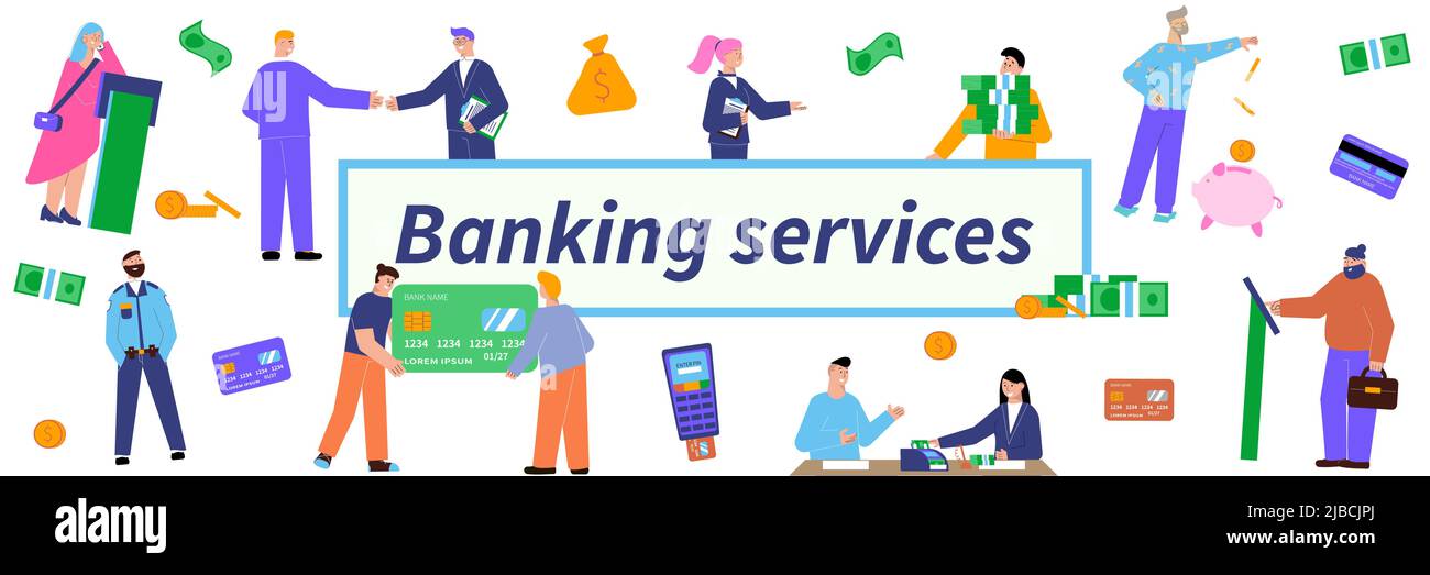 Banking services headline bank flat pattern with isolated figures of ...