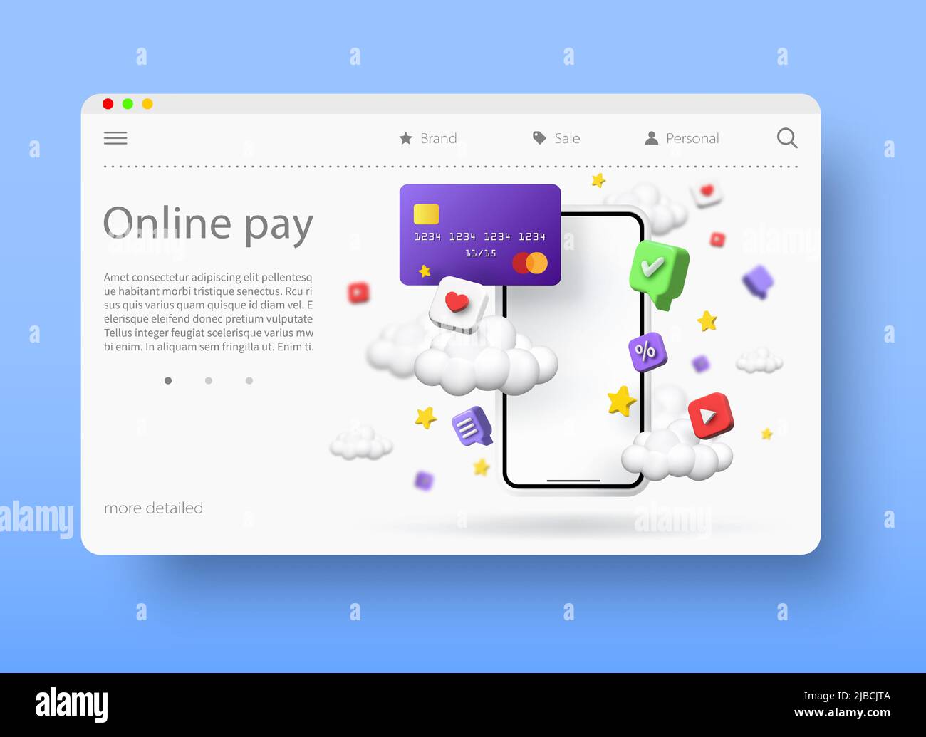 Online payments concept, vector 3d illustration. Purchasing application ...