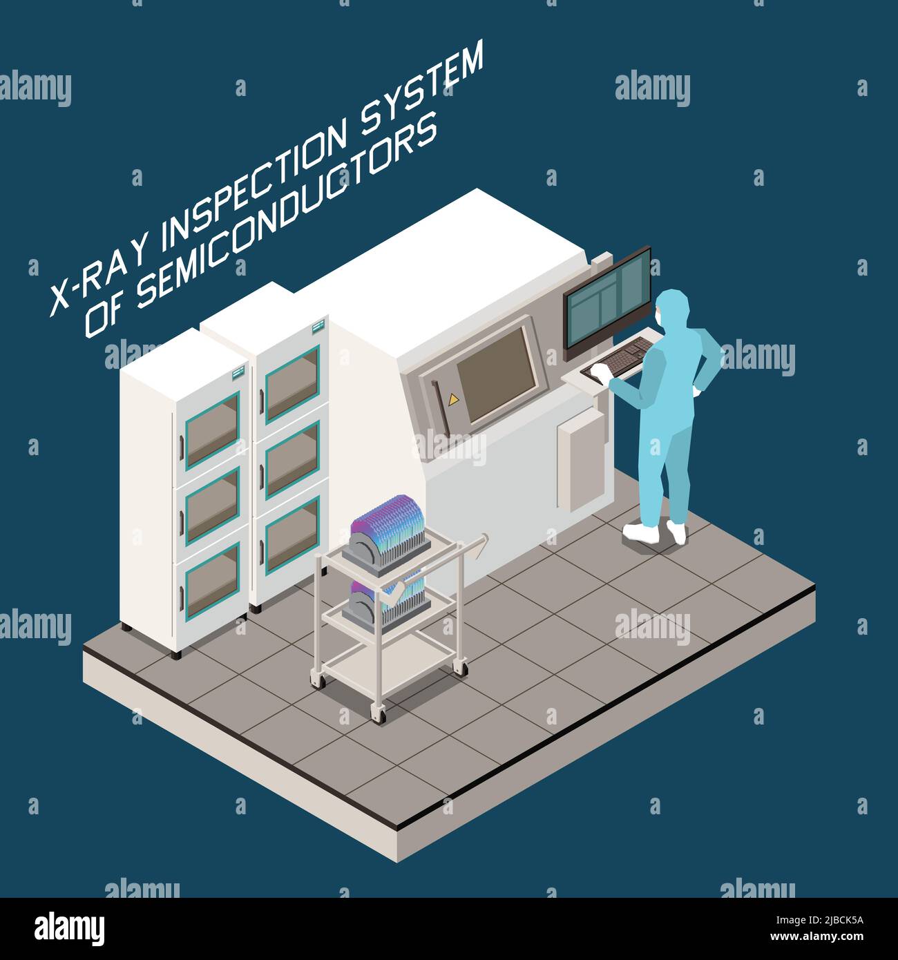 Semiconductor chip production isometric composition with text and factory appliance image with ...