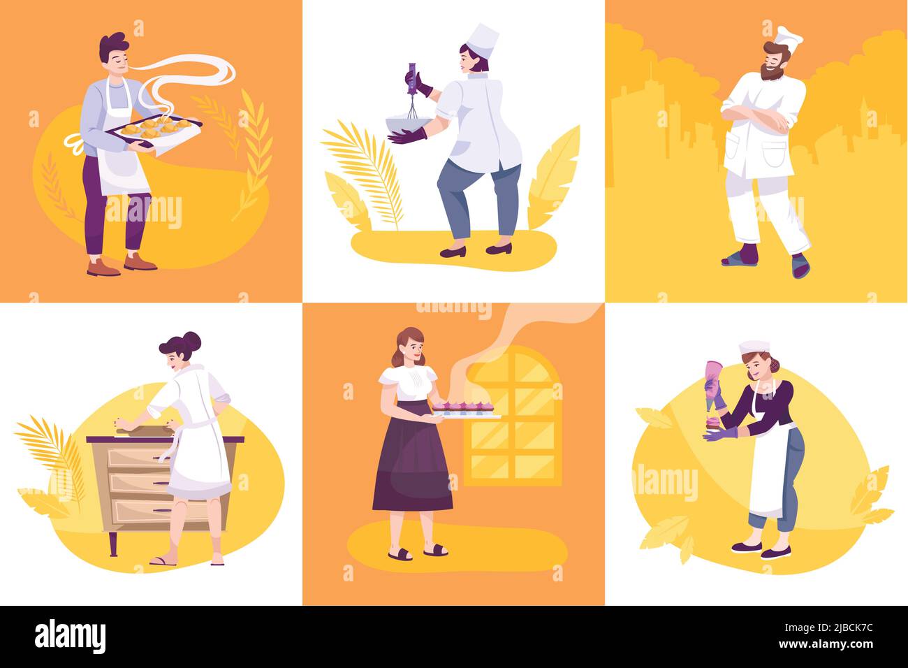 Bakery design concept with set of six square compositions with flat ...