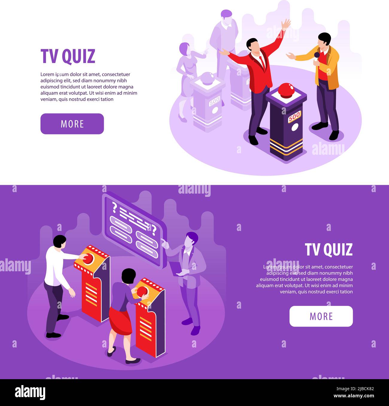 Isometric tv quiz horizontal banners set with players show host scene ...