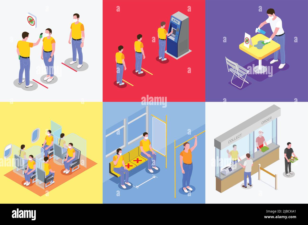 Social distancing isometric design concept with various locations and ...