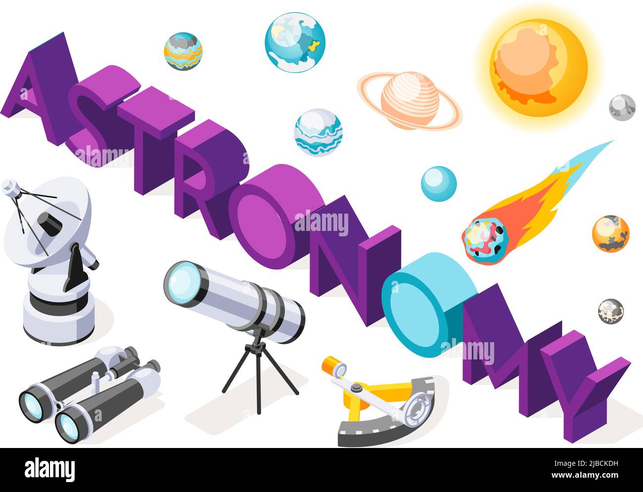 Astronomy isometric background composition of 3d text and images of ...