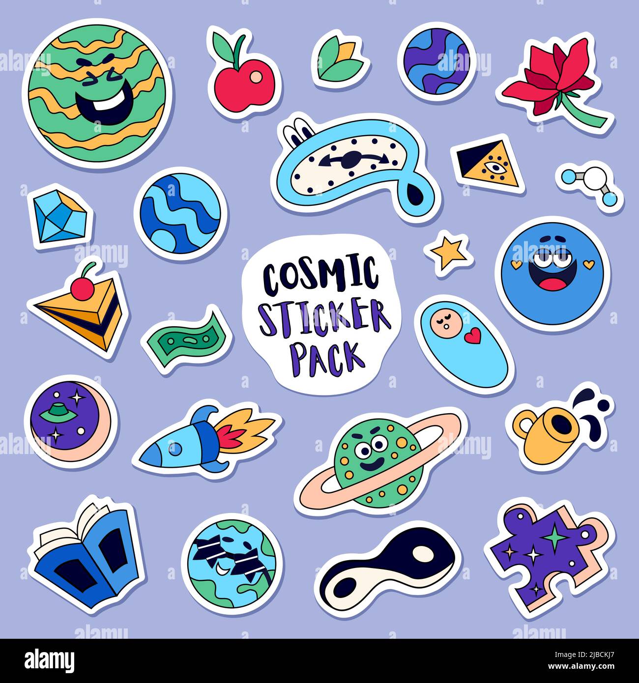 Cosmic big bang universe funny stickers collection pack with smiling ...