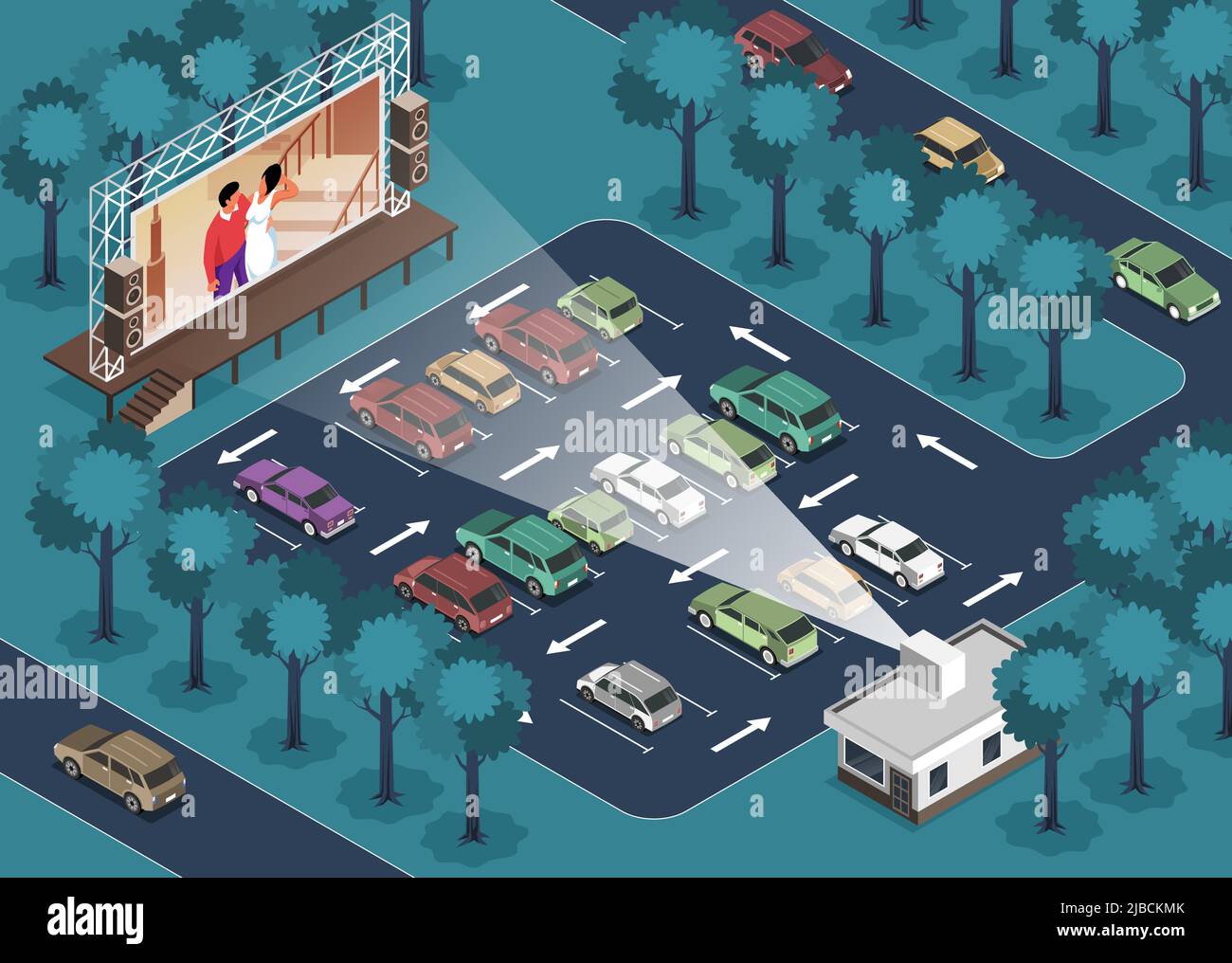 Isometric open air cinema composition with view of outdoor parking and ...
