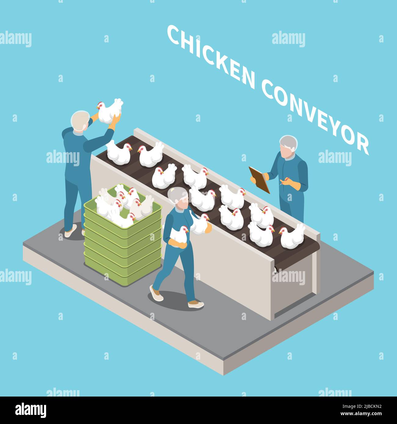 Chicken conveyor blue background with staff inspecting poultry for ...