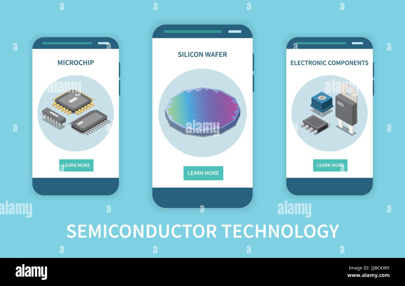 Semiconductor chip production vertical set of isometric banners with ...