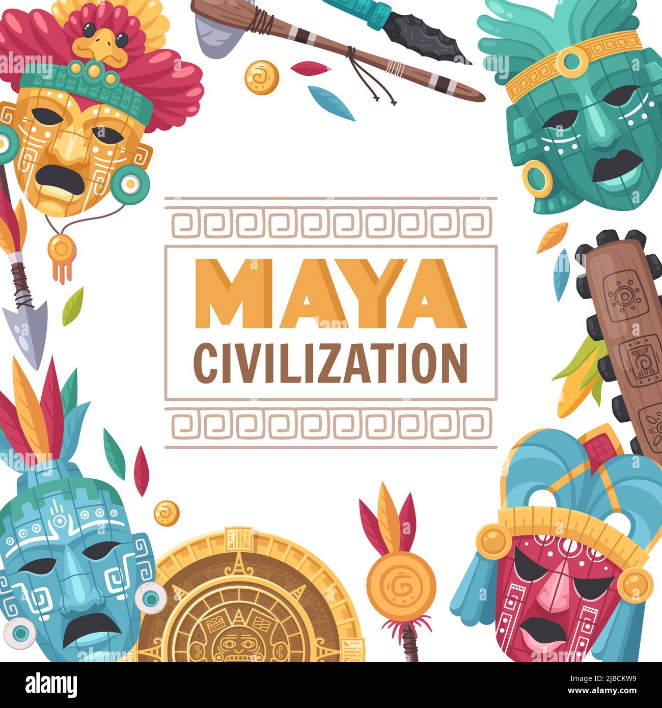 Maya civilization cartoon poster with national culture symbols vector ...