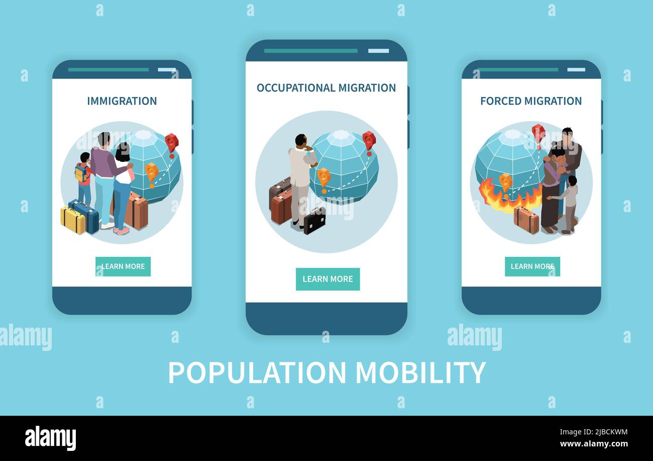 Population mobility migration displacement set of three vertical ...