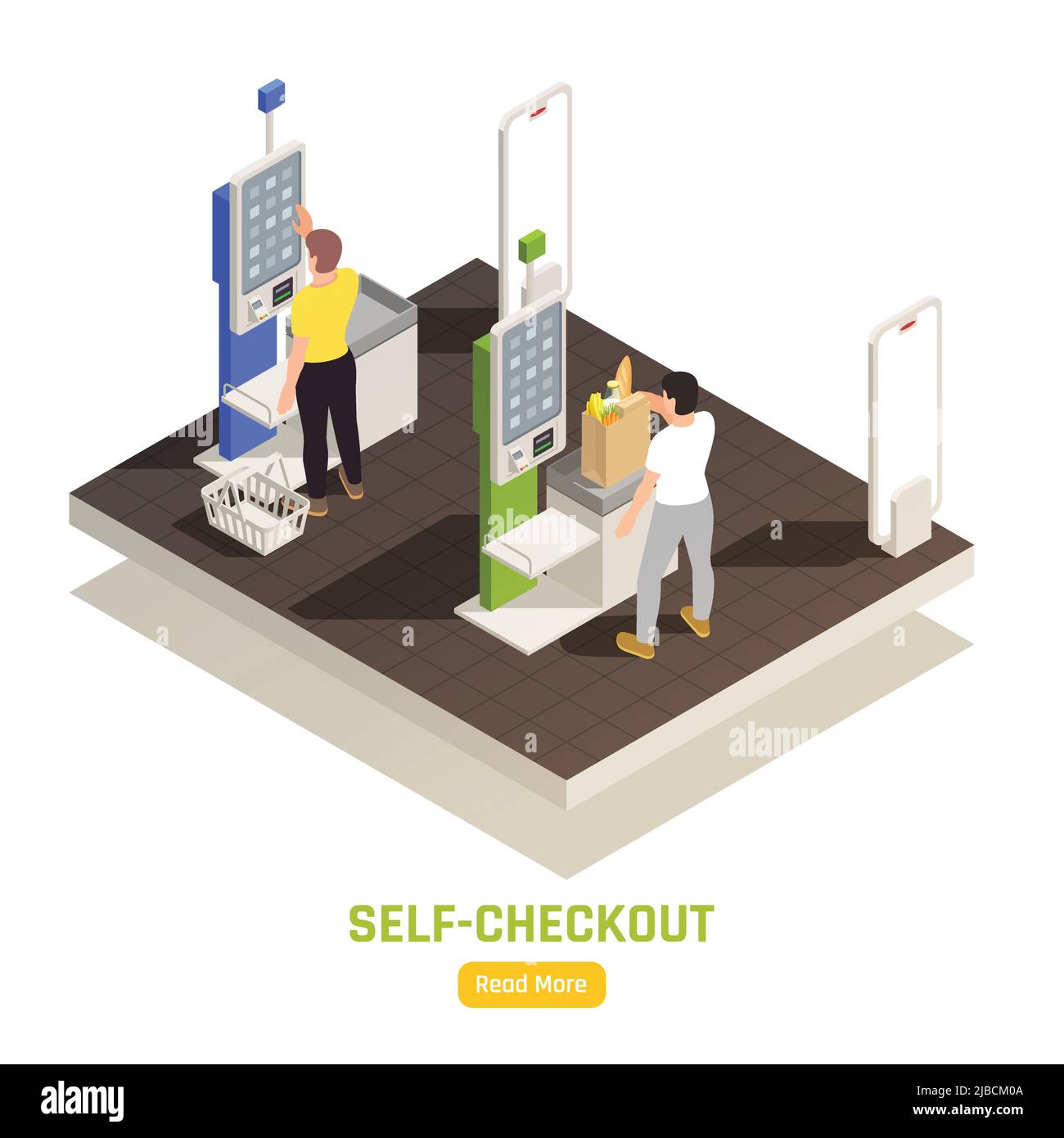 People paying at self checkout with touch screen display at supermarket ...