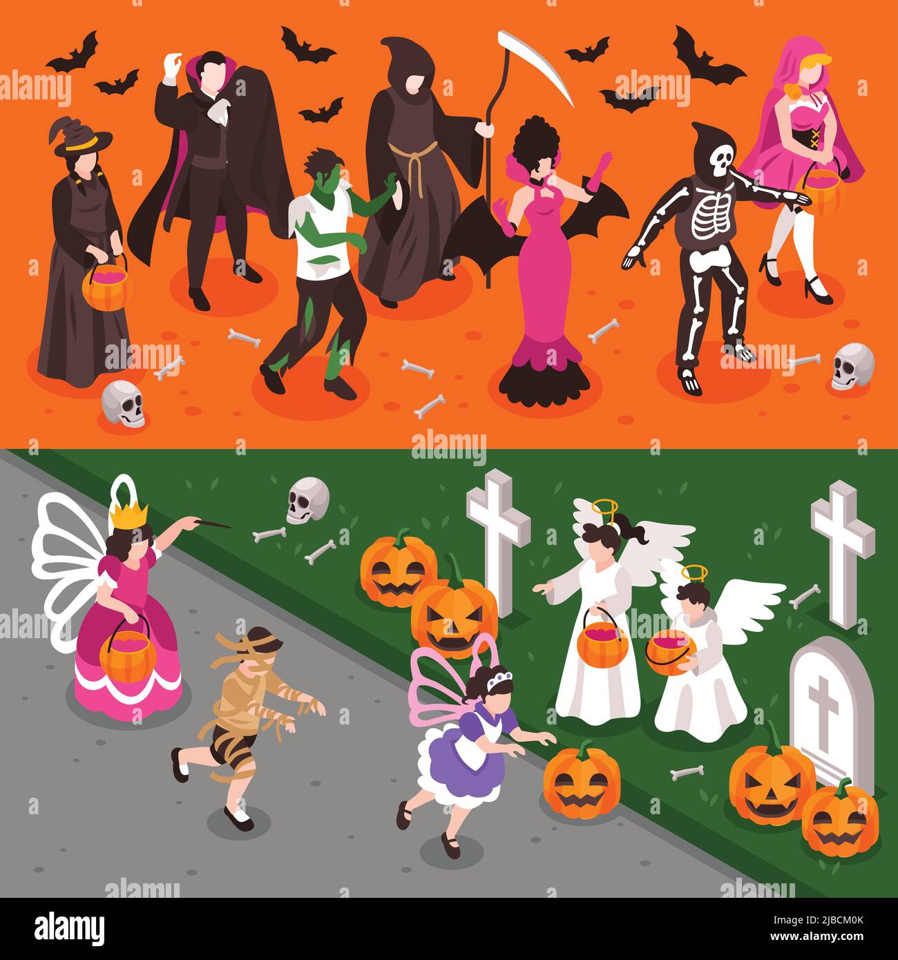 Halloween banners with adults and children wearing party costumes of ...