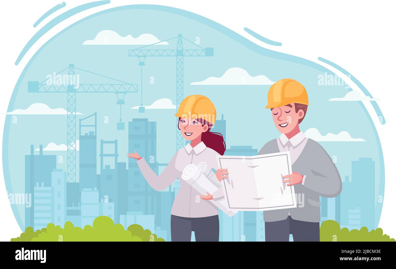 Architect at work composition with cartoon man woman characters in ...