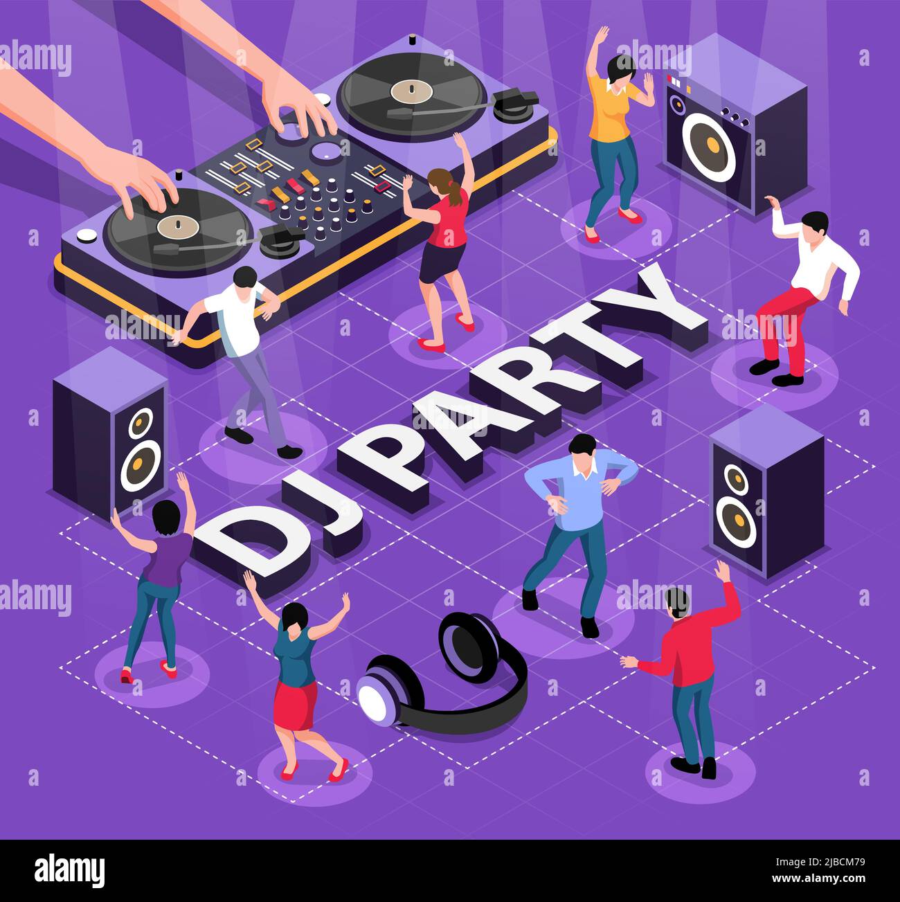 Isometric dj flowchart composition with characters of dancers icons of ...