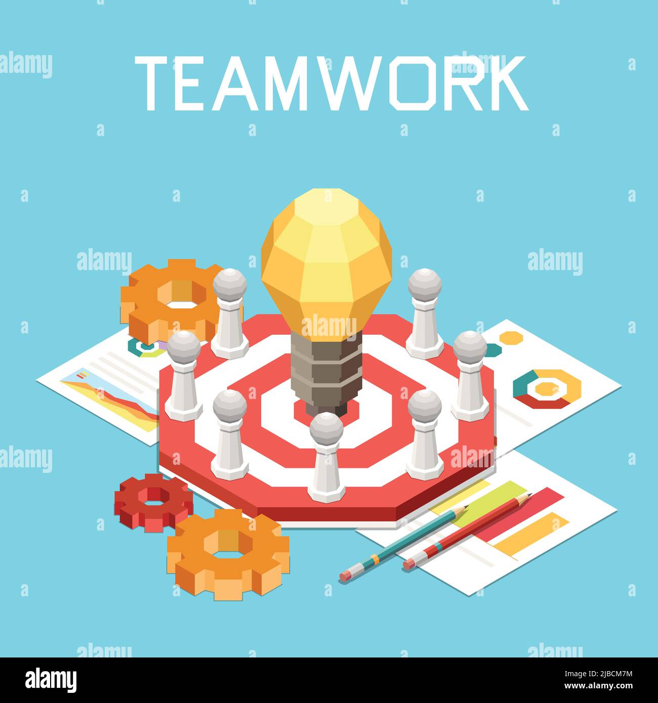 Project management isometric composition with text and icons of lamp ...