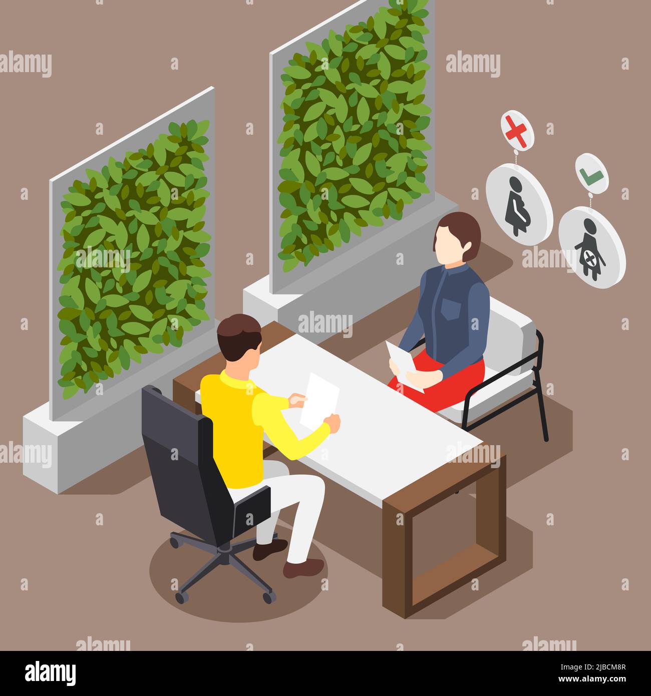Discrimination isometric background with view of job interview and ...