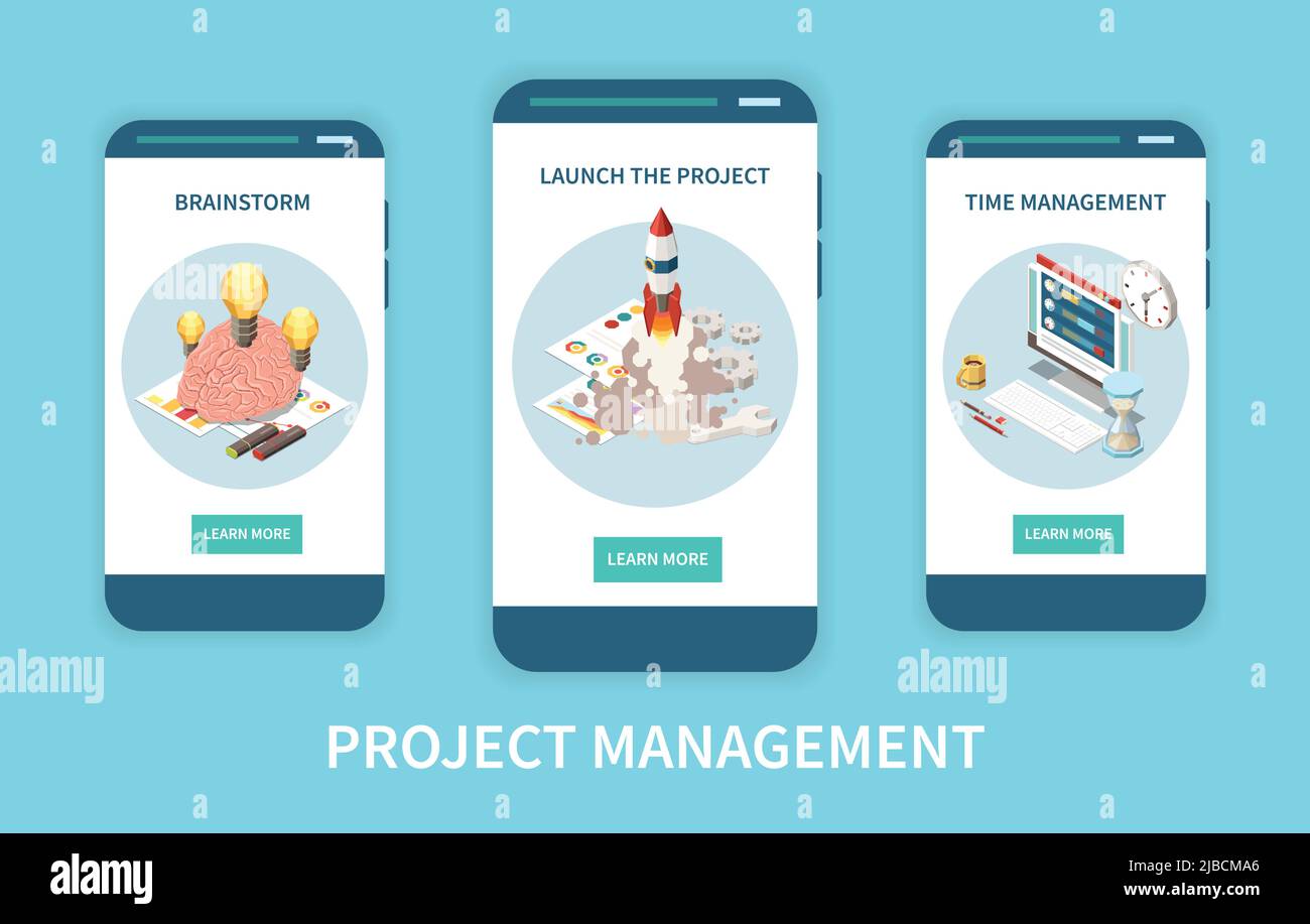 Set of vertical project management banners with isometric images of ...