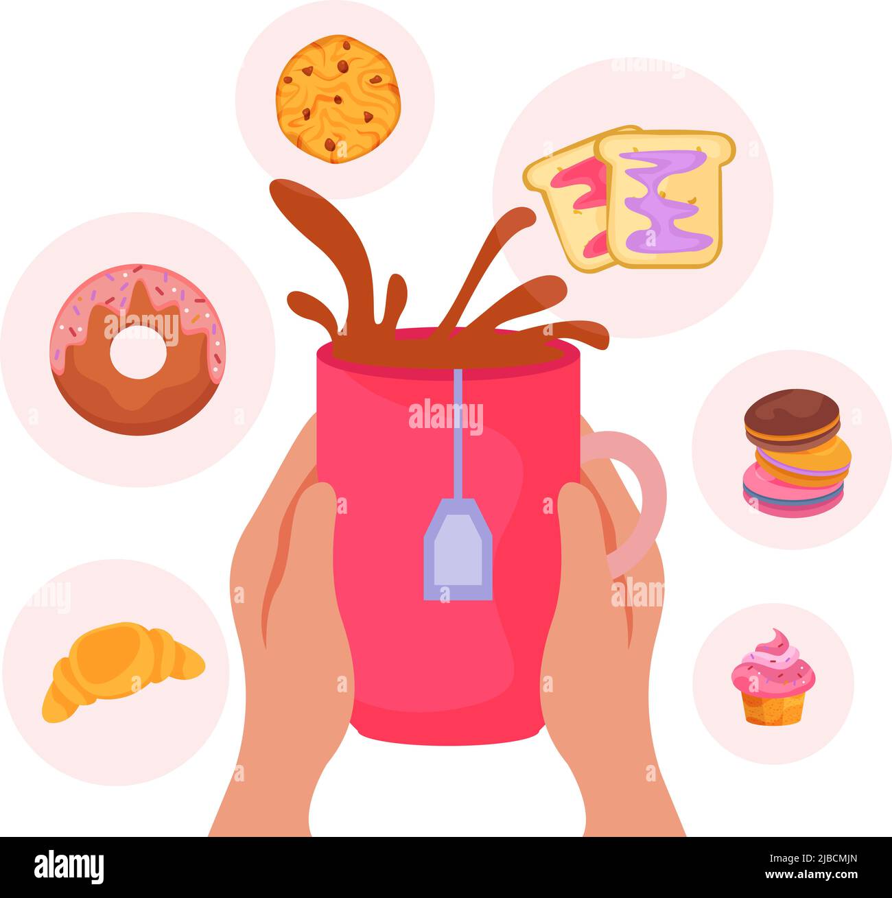 Tea time flat composition with human hands holding teacup and round ...