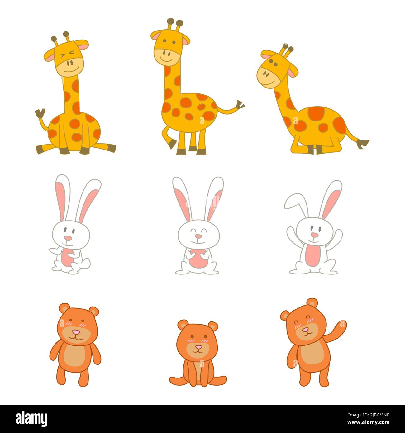 set of cute animal of giraffe rabbit and bear on cartoon version,vector ...