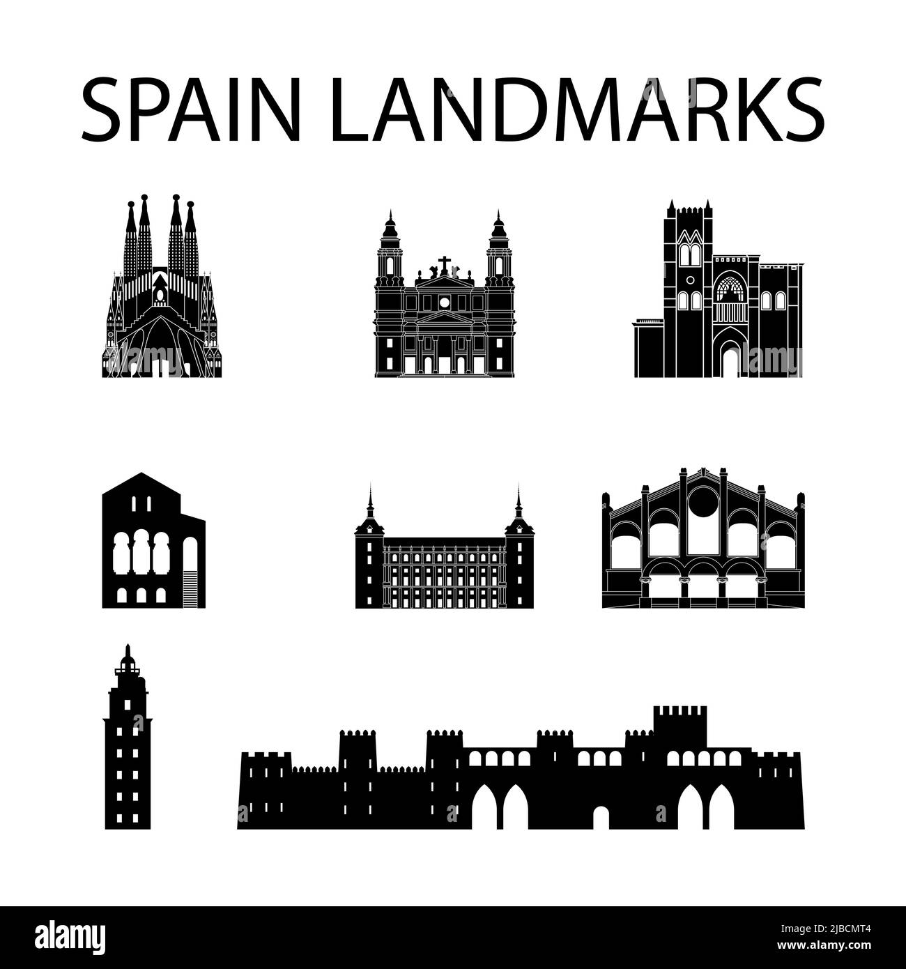 spain famous landmarks by silhouette style,vector illustration Stock ...