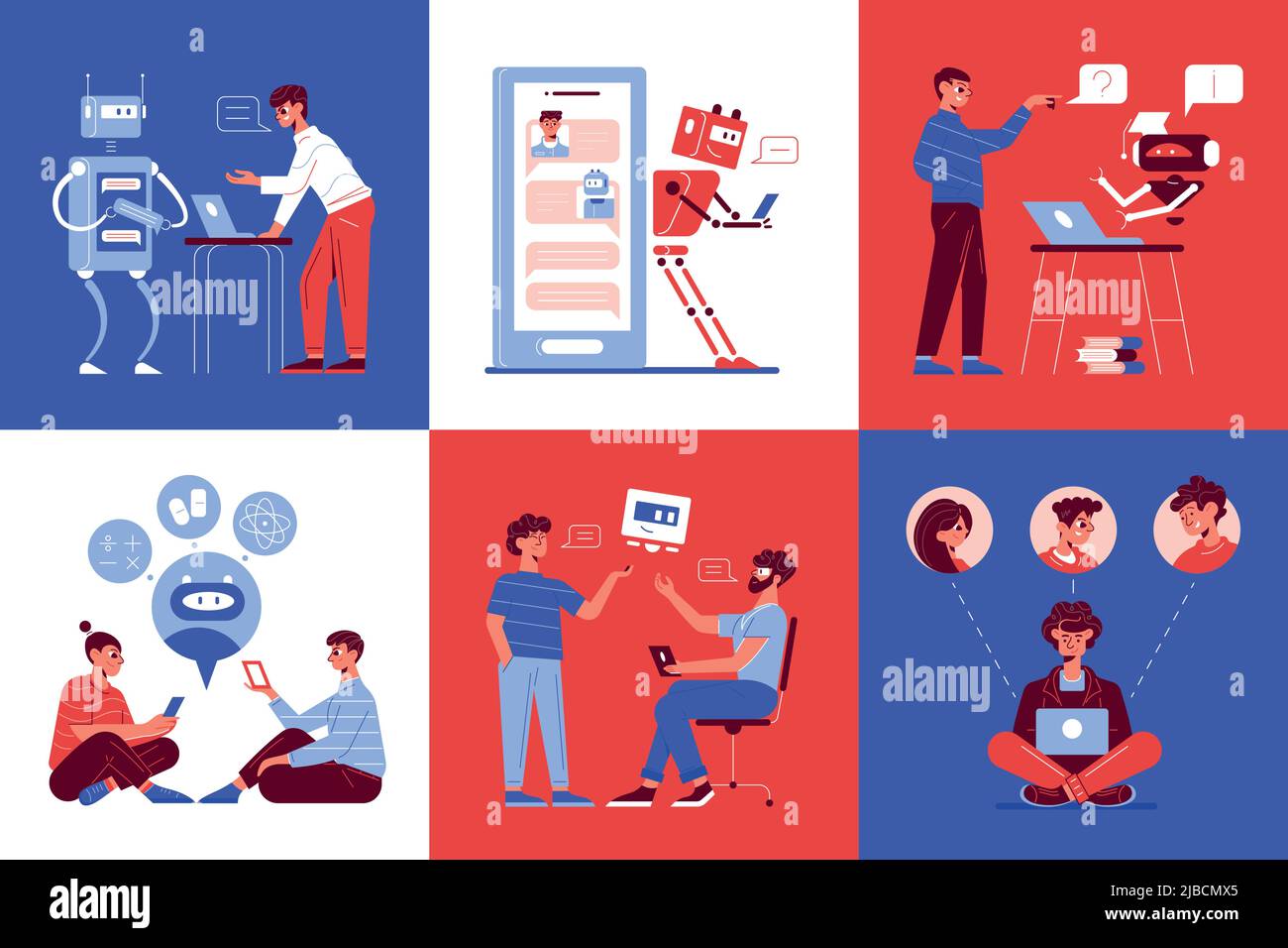 Chatbot support service concept 6 colorful flat compositions with ...