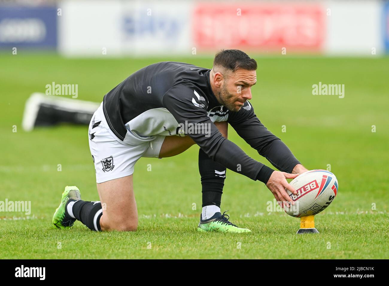 Luke Gale (7) of Hull FC lines up a kick during pre match warm up in ...