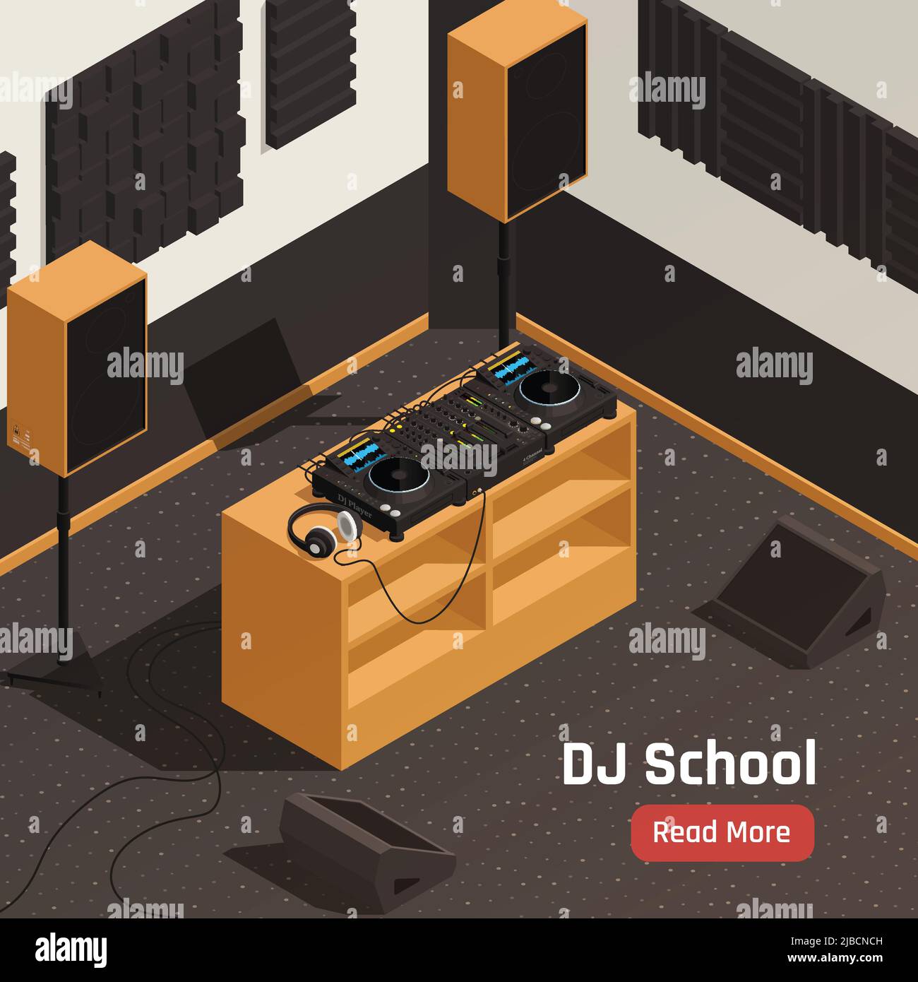 DJ school studio interior isometric composition with record cabinet ...