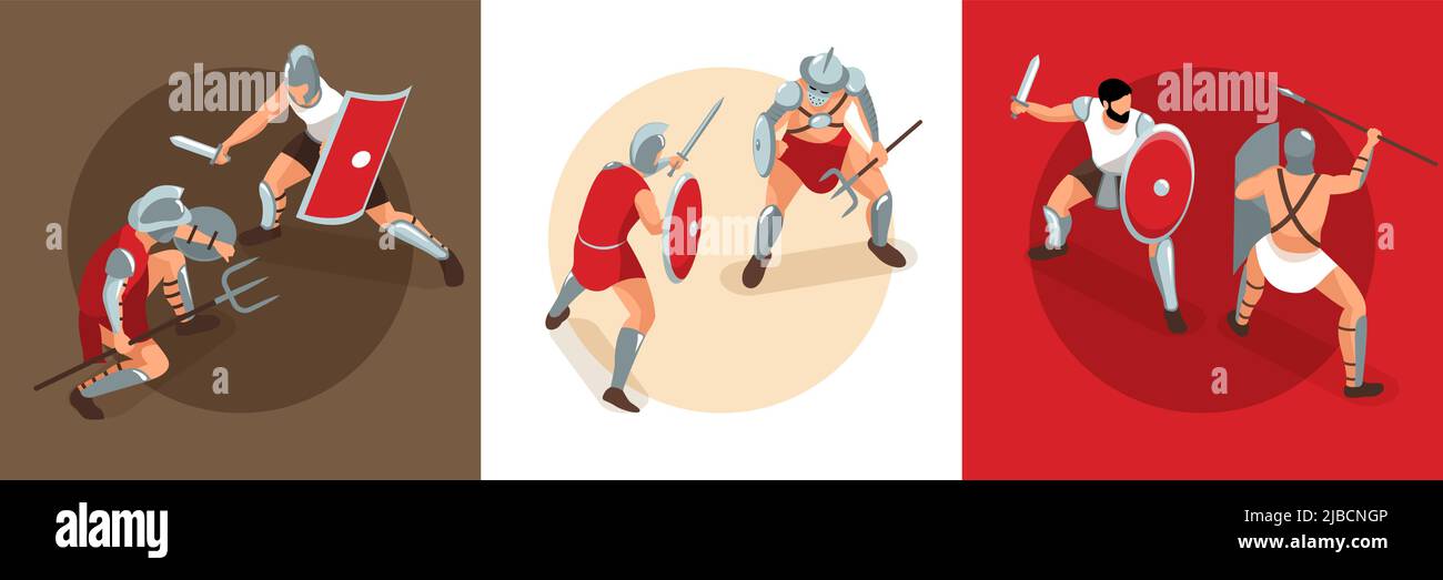 Isometric ancient rome gladiators design concept with square ...