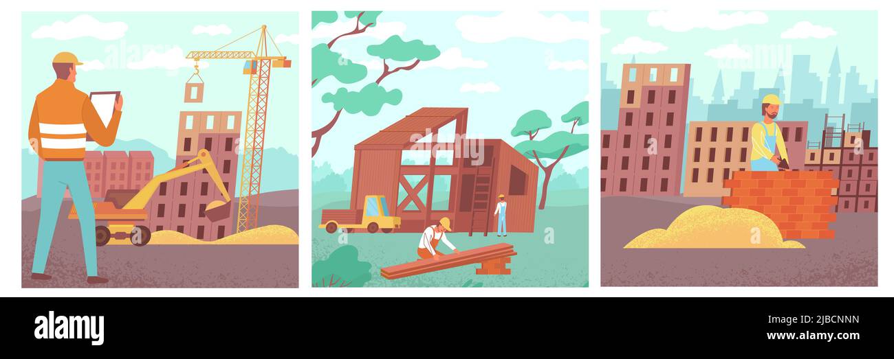 Set of square home construction compositions with flat images outdoor ...