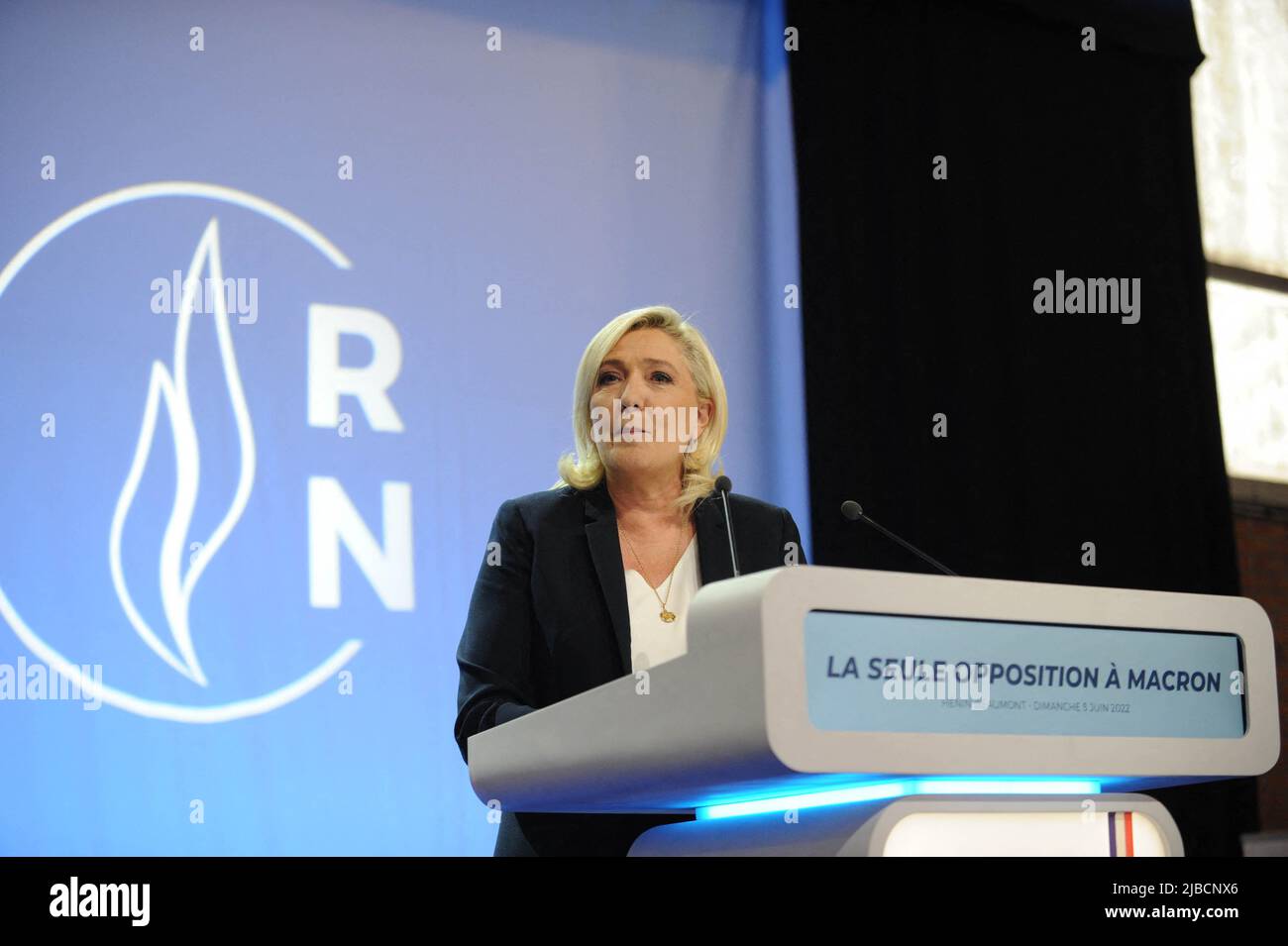 French far-right party Rassemblement National (RN) leader Marine Le Pen ...