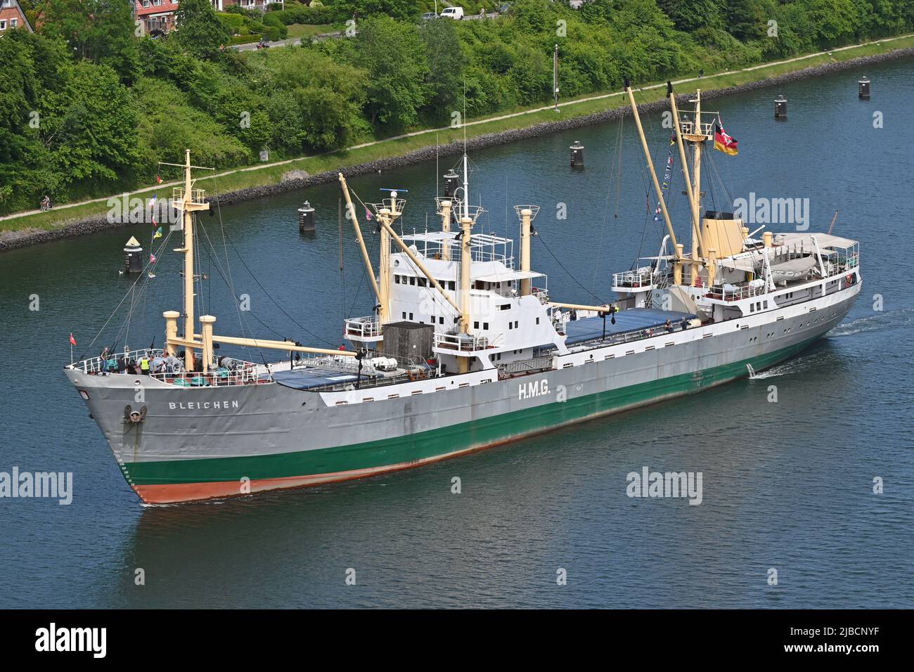 1958 built, historic exhibitionship BLEICHEN passing the Kiel Canal on ...