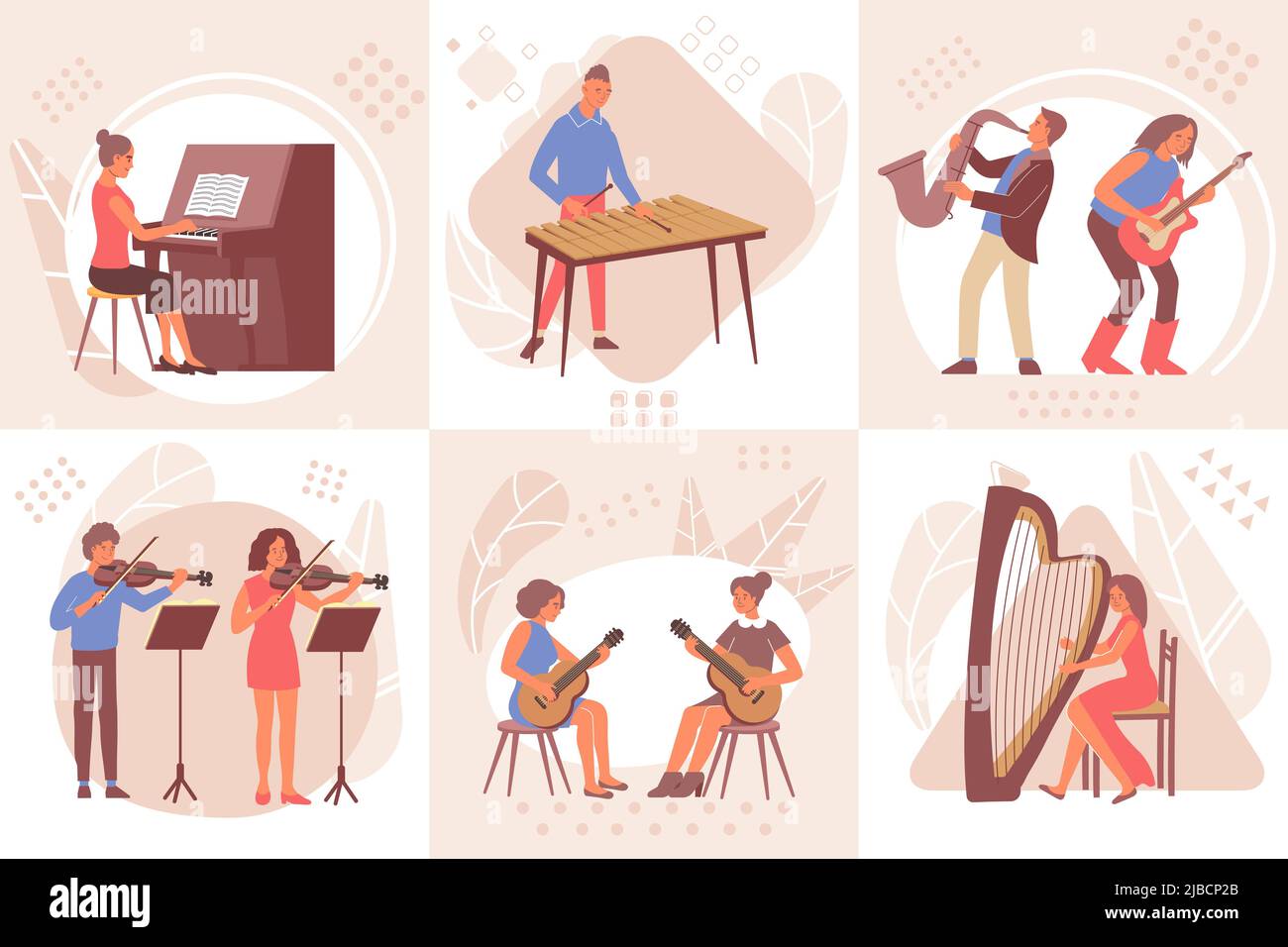 Set of six square learning music compositions with flat doodle ...