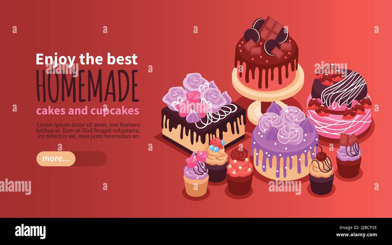 Isometric horizontal banner with delicious homemade cakes and cupcakes 3d vector illustration ...