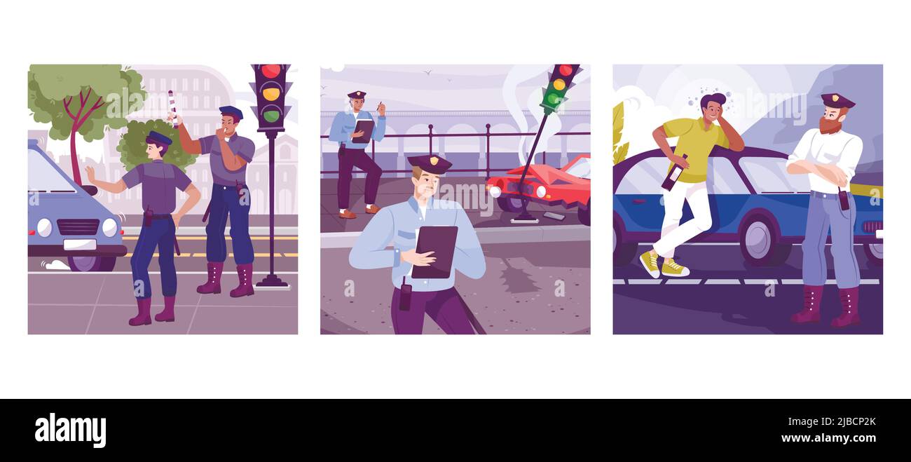 Traffic police square set with transport control symbols flat isolated ...