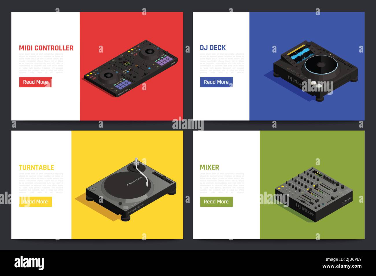 DJ equipment 4 background isometric compositions set with audio mixer ...